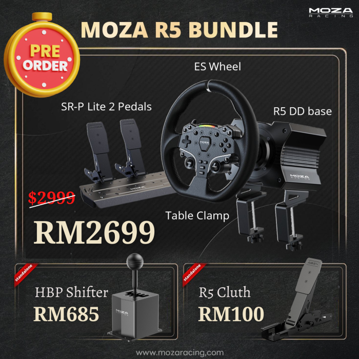 MOZA RACING R5 DIRECT DRIVE DD COMPLETE SET 2/3 PEDALS WITH STEERING WHEEL